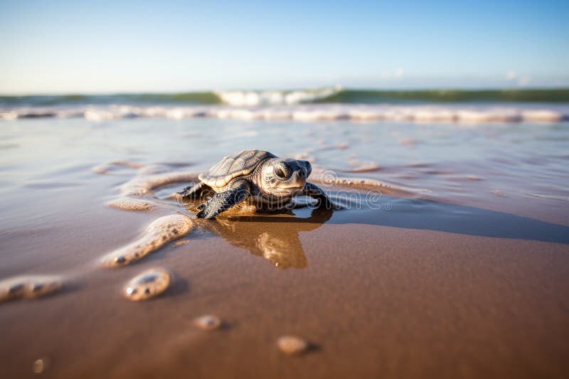 Tiny Turtle Approaching the Ocean for the First Time Stock Photo ...