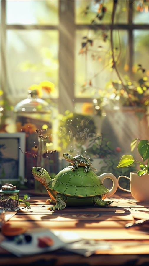 A Tiny Turtle Changing into a Smooth Green Teapot Brewing Comforting ...