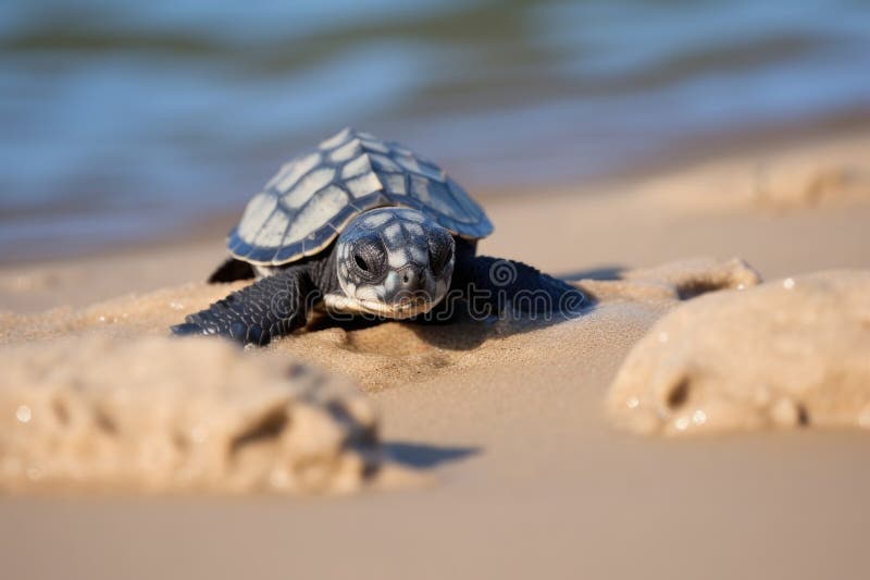 Tiny Turtle with Damaged Shell in the Sand Stock Illustration ...