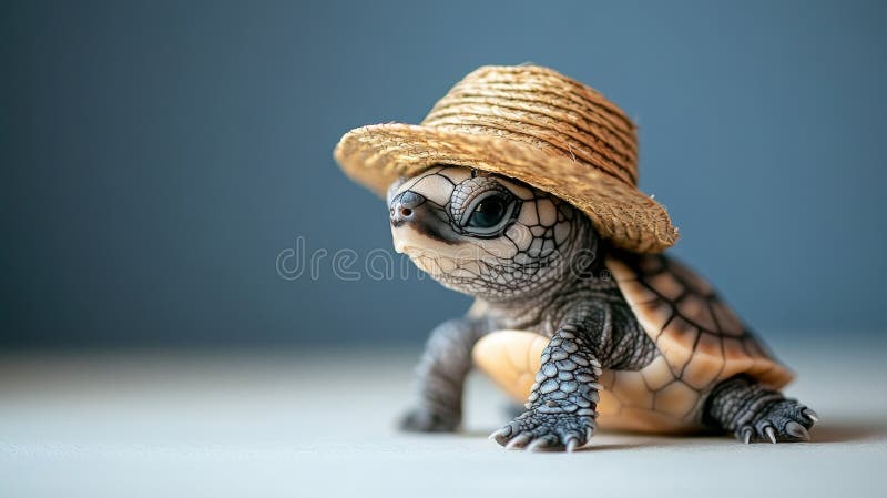 A Tiny Turtle Donning a Straw Hat Gazes at the Camera with a Solemn ...
