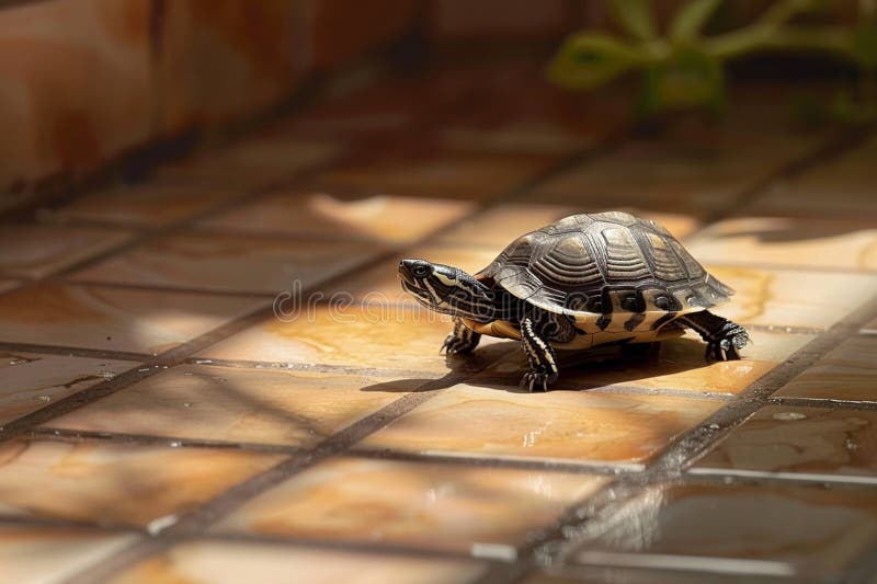 Tiny Turtle Explores Tile Floor, Gleaming Shell Catching Ambient Light ...