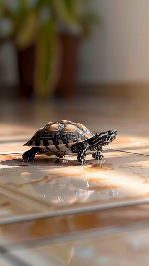 Tiny Turtle Explores Tile Floor, Gleaming Shell Catching Ambient Light ...