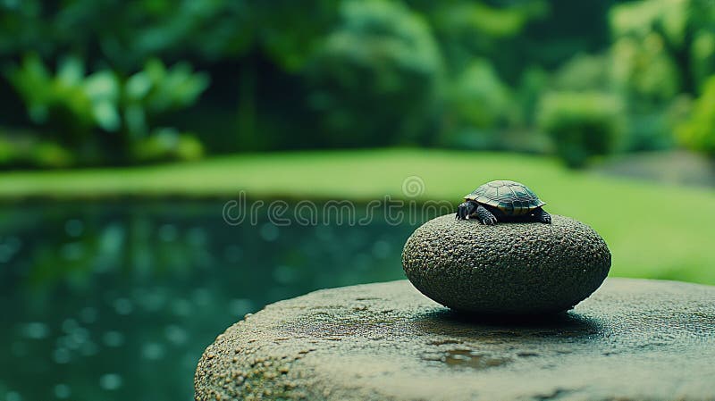 Tiny Turtle Resting on Rock, Zen Garden Pond Stock Image - Image of ...