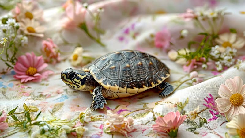 A Tiny Turtle Resting on a Spring-themed Table with Small Flowers Stock ...