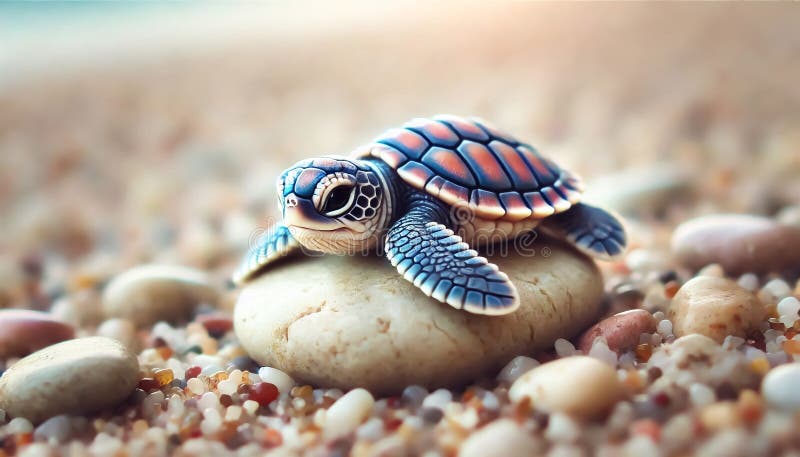 Tiny Turtle Sitting on a Pebble at the Beach Illustration Stock ...
