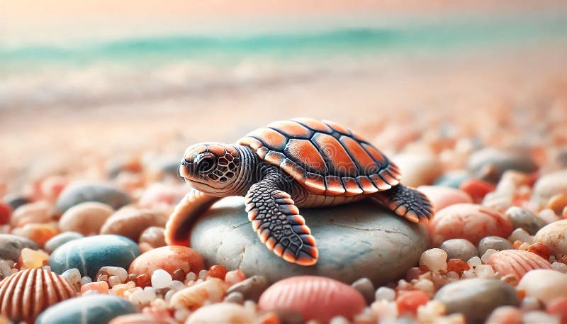 Tiny Turtle Sitting on a Pebble at the Beach Illustration Stock Illustration - Illustration of ...