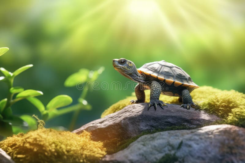 Tiny Turtle Sitting on a Rock Stock Illustration - Illustration of ...