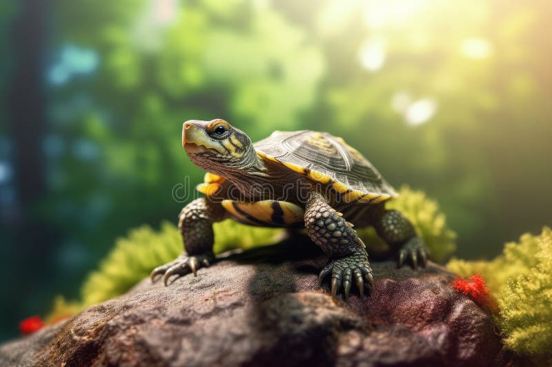 Tiny Turtle Sitting on a Rock Stock Illustration - Illustration of park ...
