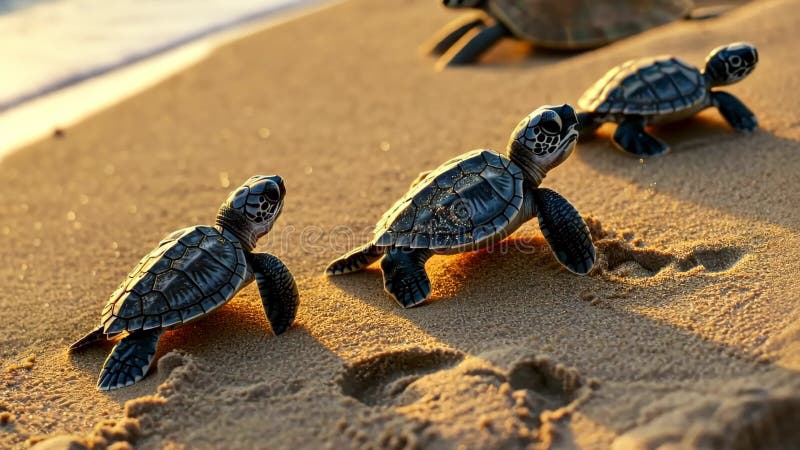 Three Adorable Baby Turtles Making Their Way Across the Sandy Shore, Ai ...
