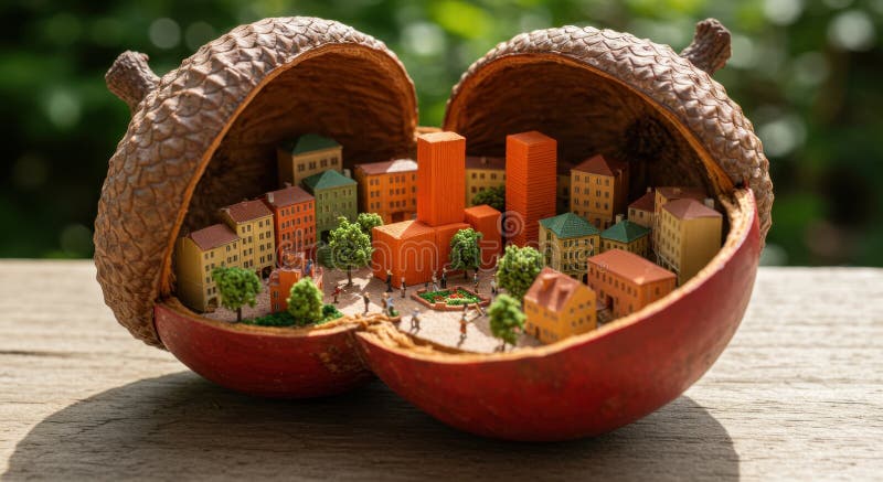Tiny Urban Landscape Inside Acorn Shell: a Miniature City Scene Stock ...