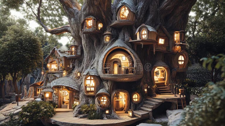 A Tiny Village Built Inside a Hollowed-out Giant Tree Digital Stock ...