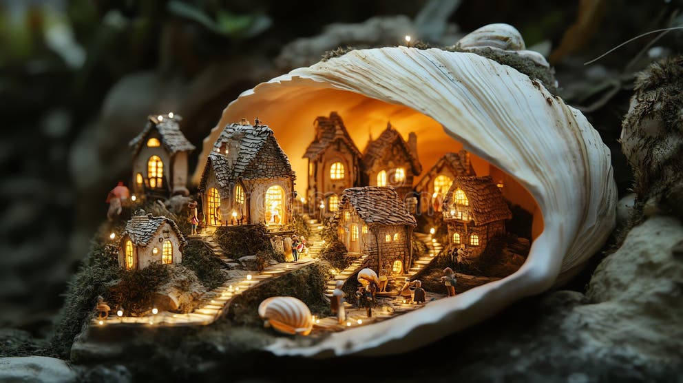 A Tiny Village Nestled Inside a Seashell, with Small People Walking ...