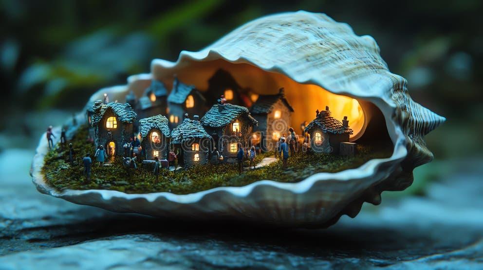 A Tiny Village Nestled Inside a Seashell, with Small People Walking ...