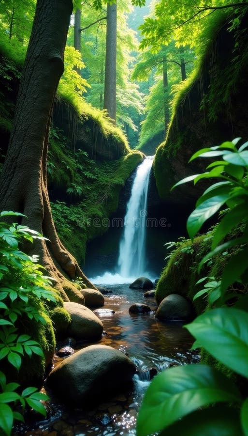 Tiny Waterfall Hidden Amidst Ferns and Ancient Trees, Moss, Magical ...