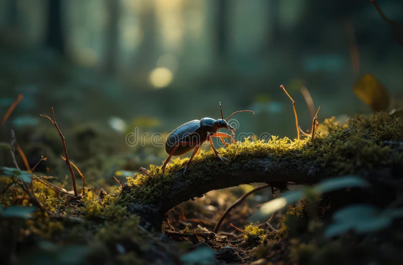 A Tiny Weevil Crossing a Bridge of Moss-covered Roots in the Shadowed ...