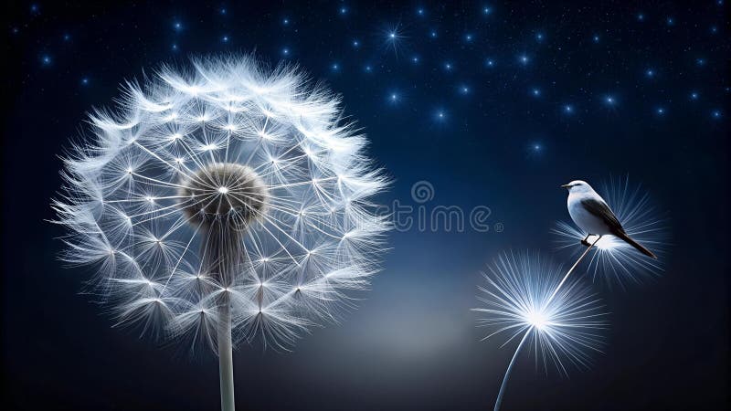 A Tiny White Bird Perched on a Dandelion Seed a Silhouette Against a ...