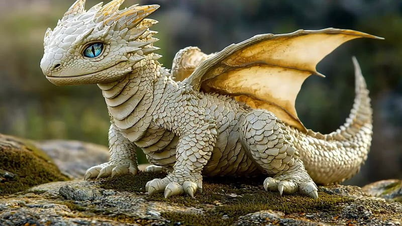 A Tiny, White Dragon Sits on Rocks. Its Wings are Translucent, Adding ...