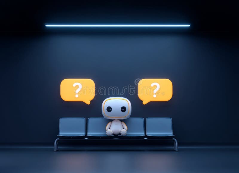 A Tiny, White Robot is Seated on a Wooden Bench, Pondering Numerous ...