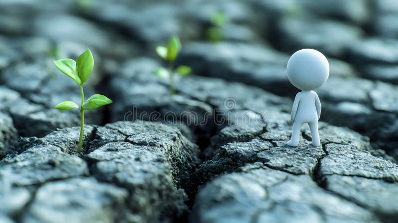 A Tiny White Stick Figure Looking at Small Plants Growing Out from the ...