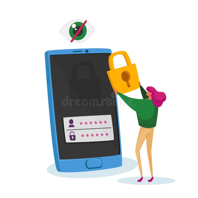 Tiny Woman Character Stand at Huge Mobile Phone Put Padlock on Screen ...