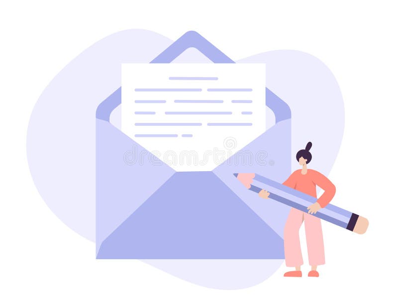 Tiny Woman Holding Big Lilac Pencil and Write Letter Envelope Email ...