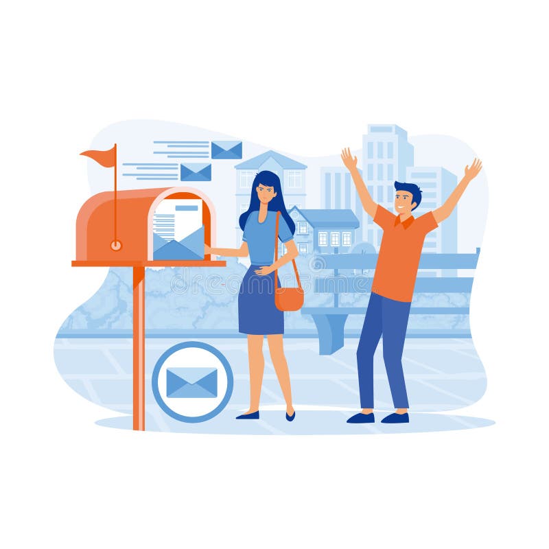 Tiny Women Getting Mail from Mailbox Flat Vector Illustration. Stock ...