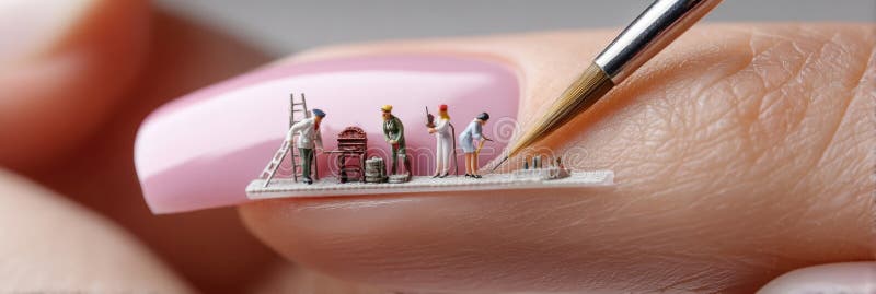 Intricate Manicure Process Showcasing Tiny Figures Applying Delicate ...