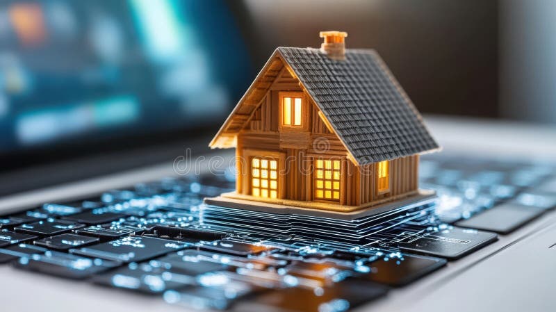 A Tiny Wooden House Perched Playfully Atop a Sleek Computer Keyboard ...