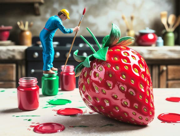 Tiny Worker-painter Coloring a Big Juicy Strawberry with Brush on ...
