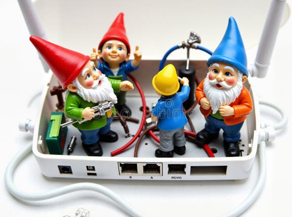 Tiny Worker Work Together Inside an Open Wi-fi Router, Interacting with ...