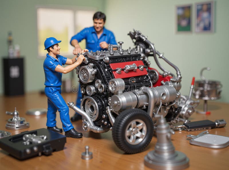 Tiny Workers in Blue Uniforms Construct Intricate Engine Parts Using ...