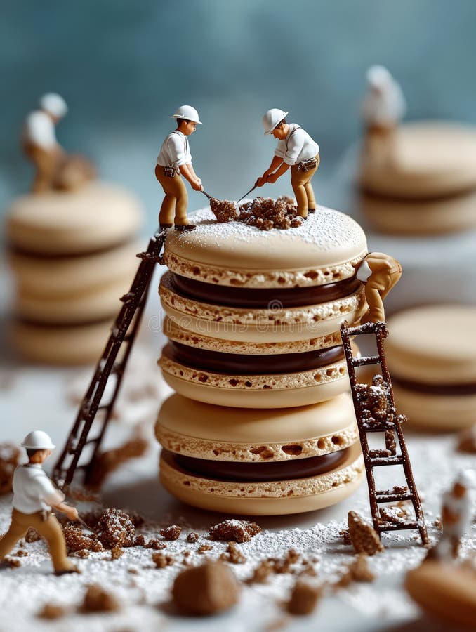 Tiny Workers Building with Macarons in a Playful, Whimsical Scene Stock Illustration ...