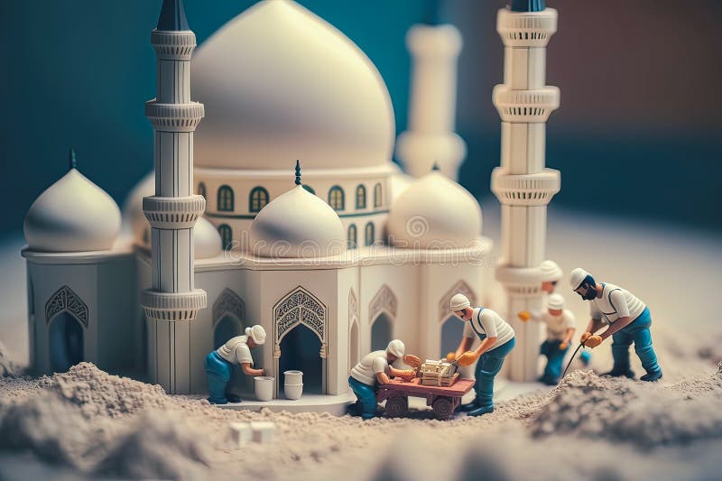 Tiny Workers Building a Mosque on Ramadan, Generative Ai. Miniature ...
