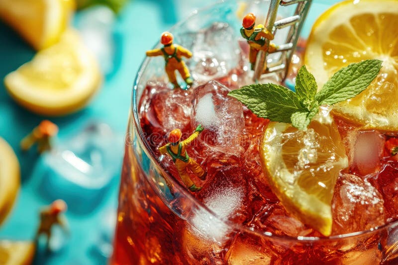 Tiny Workers Climb on Iced Tea Cup Decorated with Lemon and Mint Garnish Stock Photo - Image of ...