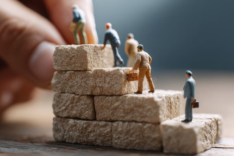 Tiny Workers Climbing Blocks in a Construction Scene Focused on ...