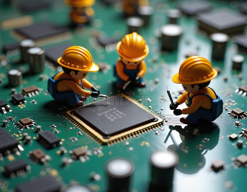 Tiny Workers in a Microworld Setting Repair Electronics Circuit Board ...