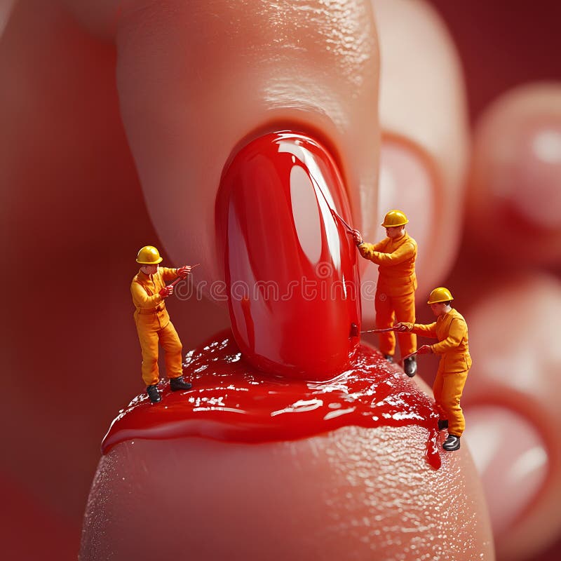 Tiny Workers Paint a Giant Red Nail in a Creative Art Representation of ...