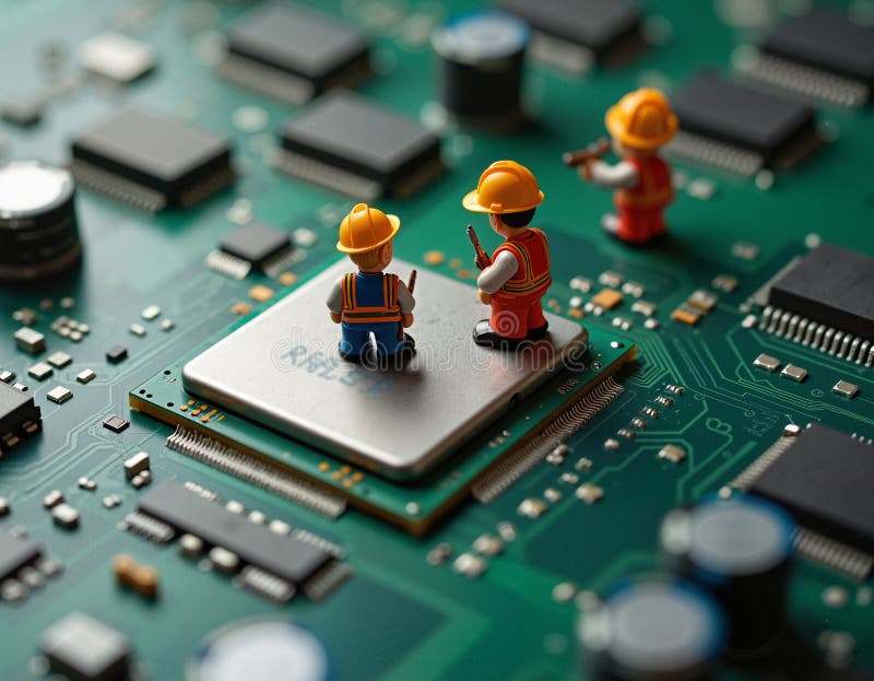 Tiny Workers in Safety Gear on Microchip, Repairing and Inspecting ...