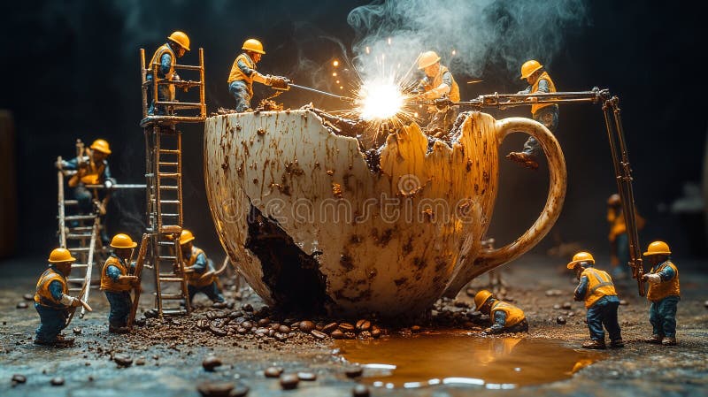 Tiny Workers in Safety Gear Use Scaffolding and Tools To Fix a Steaming ...