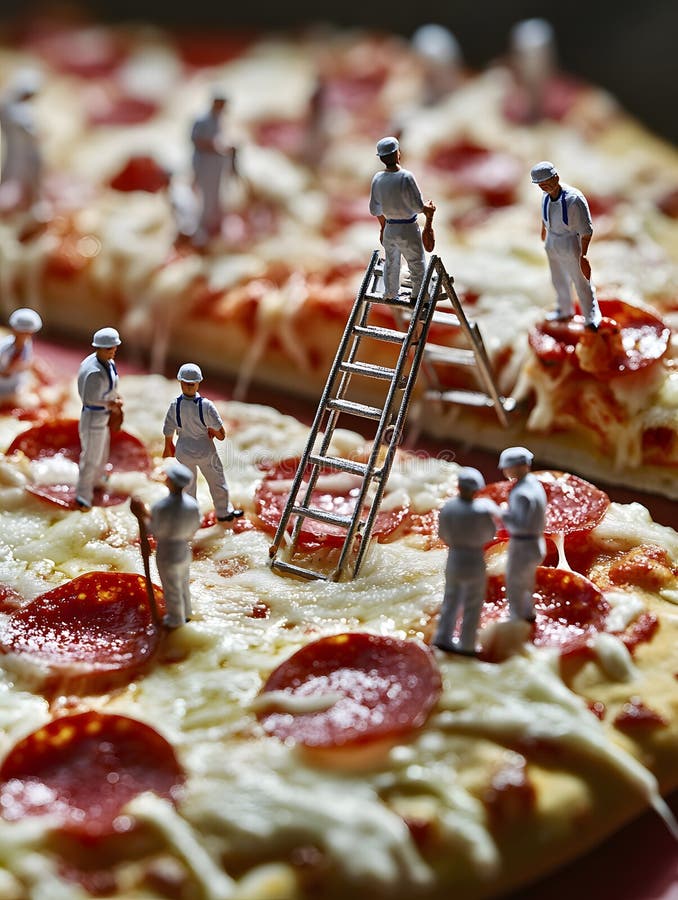 Tiny Workers are Scaling a Ladder on a Huge Pepperoni Pizza, Adding ...