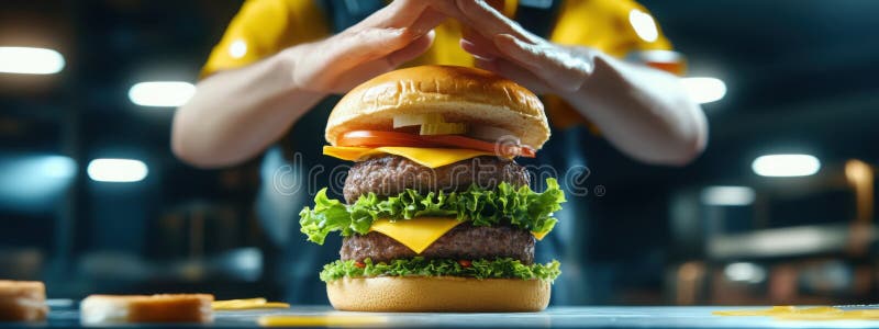 Tiny Workers Build a Towering Burger with Cheese Slices and Lettuce ...