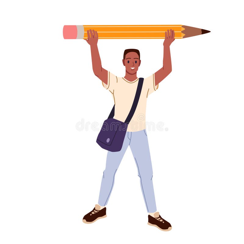 Tiny Young Man Holding Large Stationery To Study, Write and Edit Notes ...