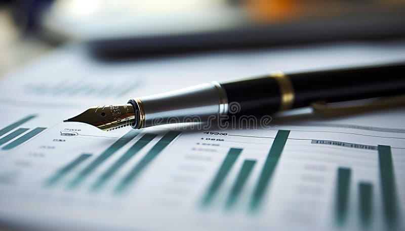 Tip of an Expensive Pen Lies on White Sheets with Graph, Spreadsheet ...