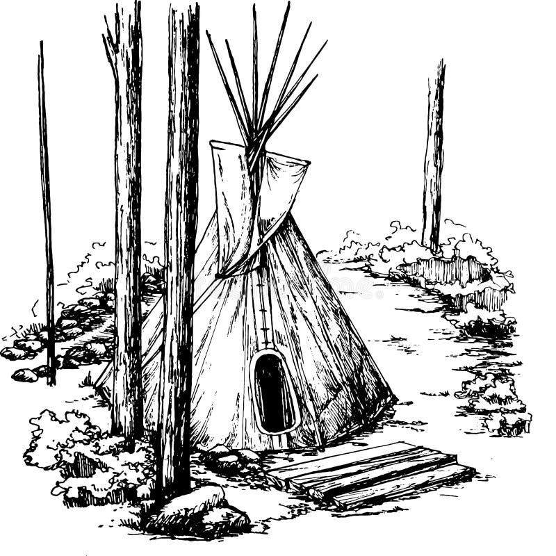 Tipi in the Woods Sketch Teepee Tent Monochromatic Hand Drawn ...