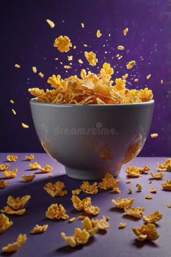 Tipped Bowl Spilling Crisp Corn Cereal Against Dark Background Stock ...
