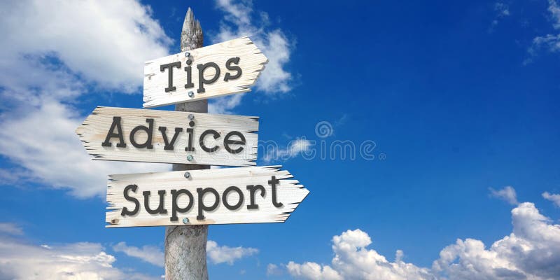 Tips, Advice, Support - Wooden Signpost with Three Arrows Stock Image ...