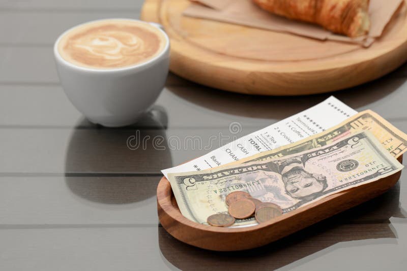 Tips, Receipt and Cup with Coffee on Wooden Table Stock Image - Image ...