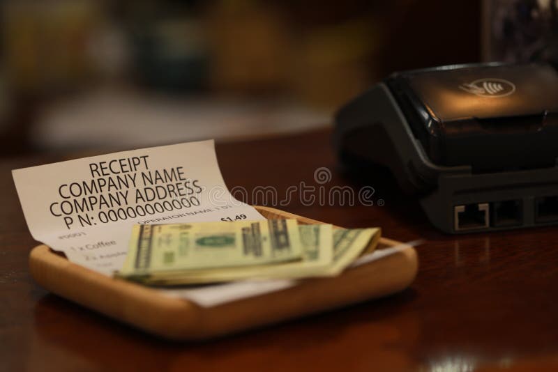 Tips and Receipt on Wooden Table, Closeup Stock Image - Image of give ...