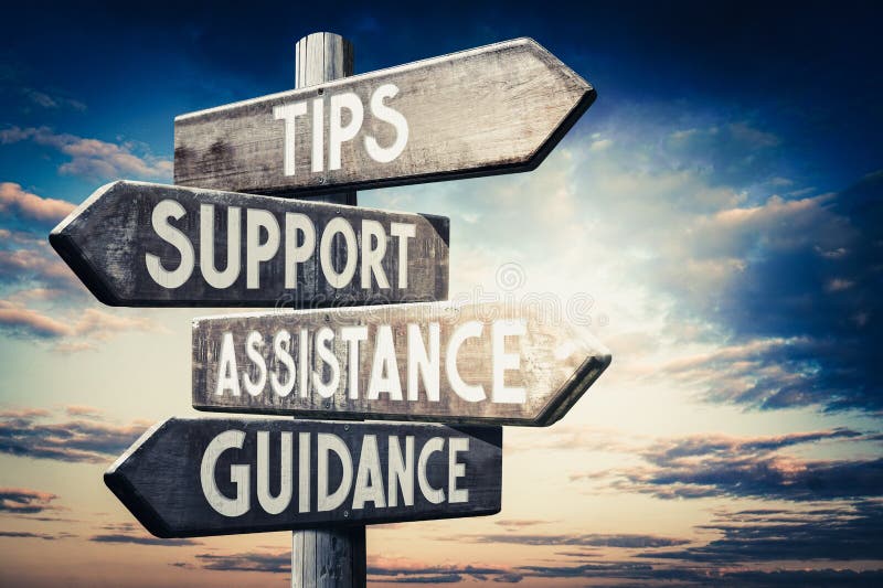 Guidance, Assistance, Support - Crossroads Sign with Three Arrows Stock ... Guidance, Assistance, Support - Crossroads Sign with Three Arrows Stock ...
