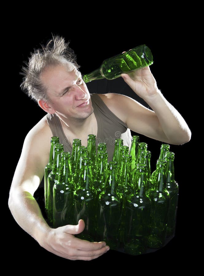 Tipsy Man Wants To Drink the Last Drink of Beer from an Empty Bottle ...